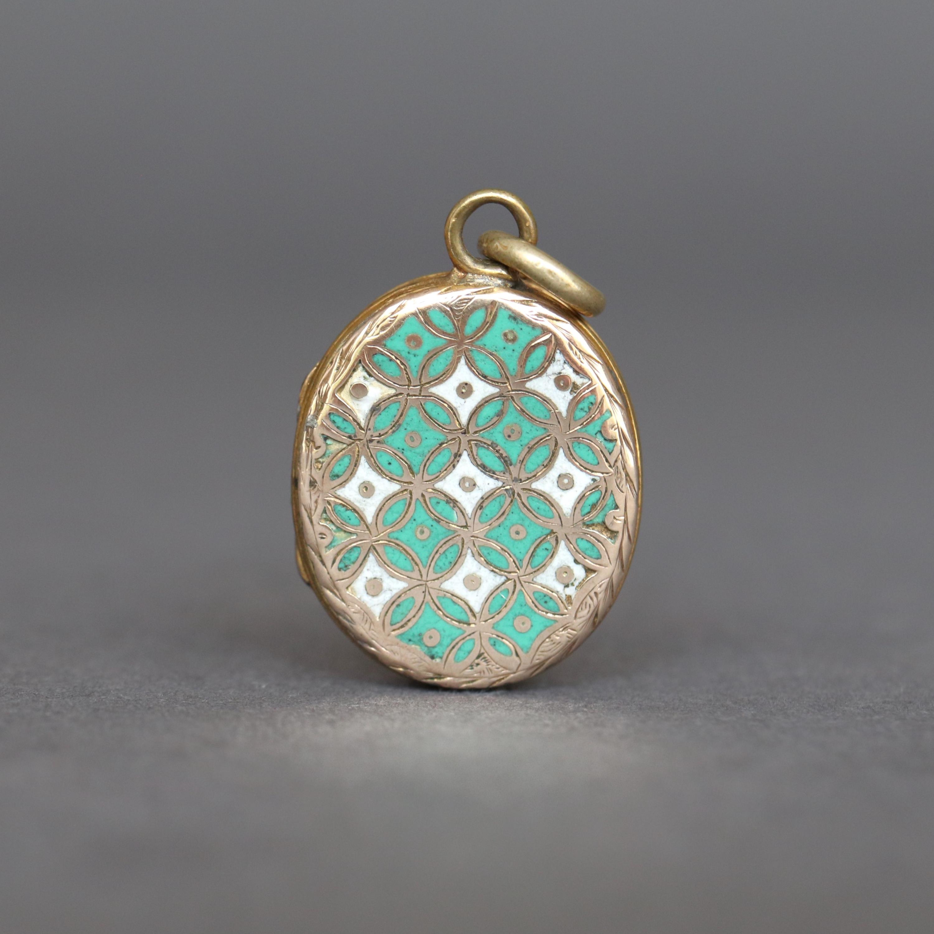 Antique Victorian Era Mint Blue Green Enamel Engraved Oval Locket ...