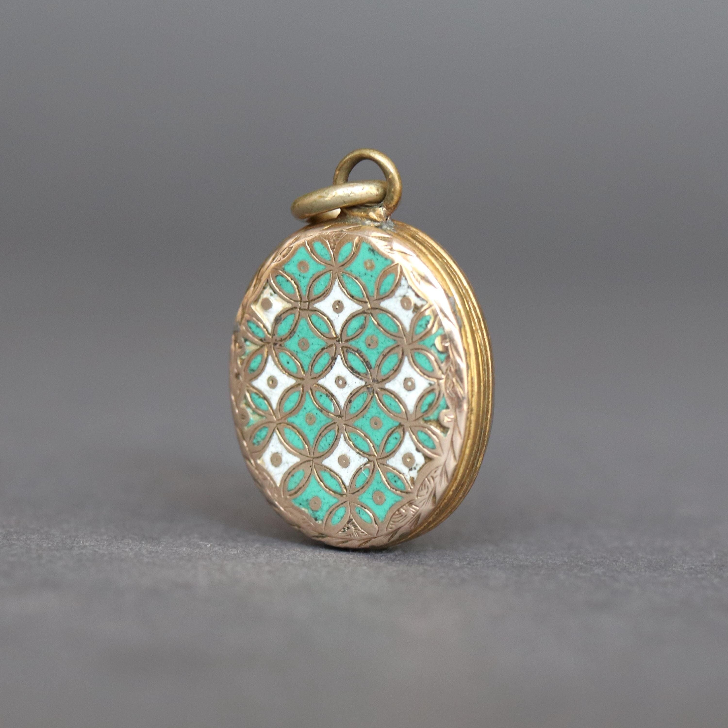 Antique Victorian Era Mint Blue Green Enamel Engraved Oval Locket ...