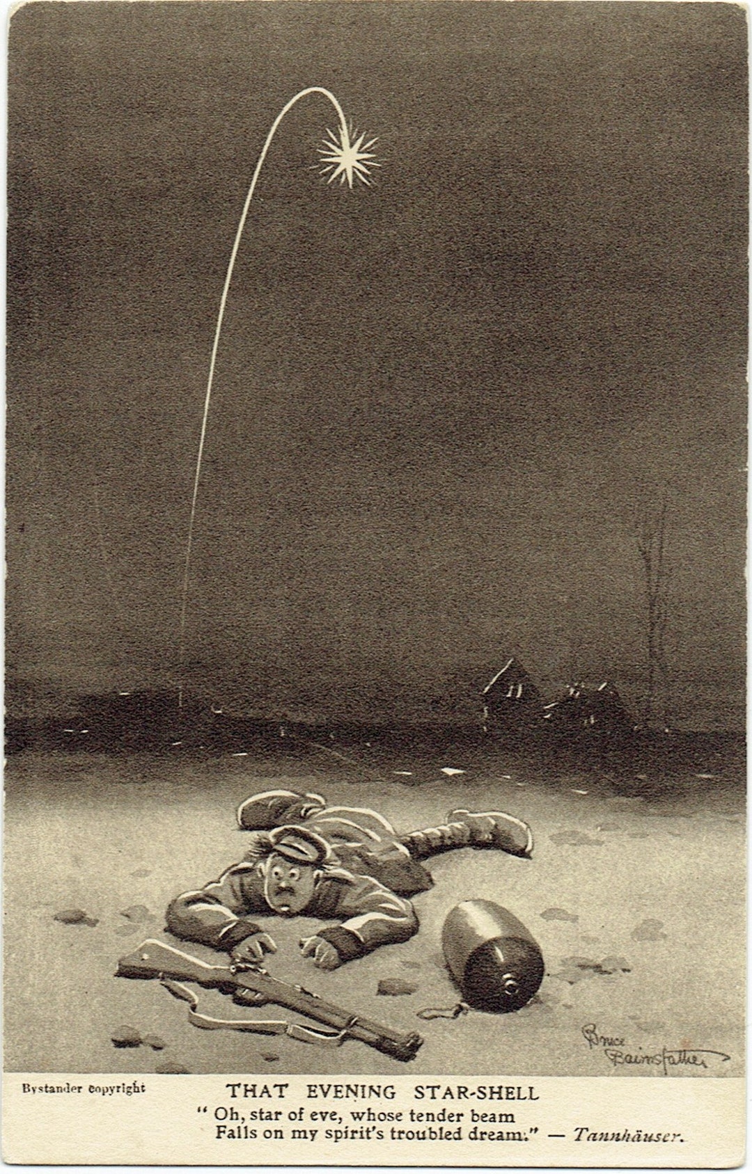 WWI Bruce Bairnsfather Military Comic Postcard 'that Evening Star-shell ...