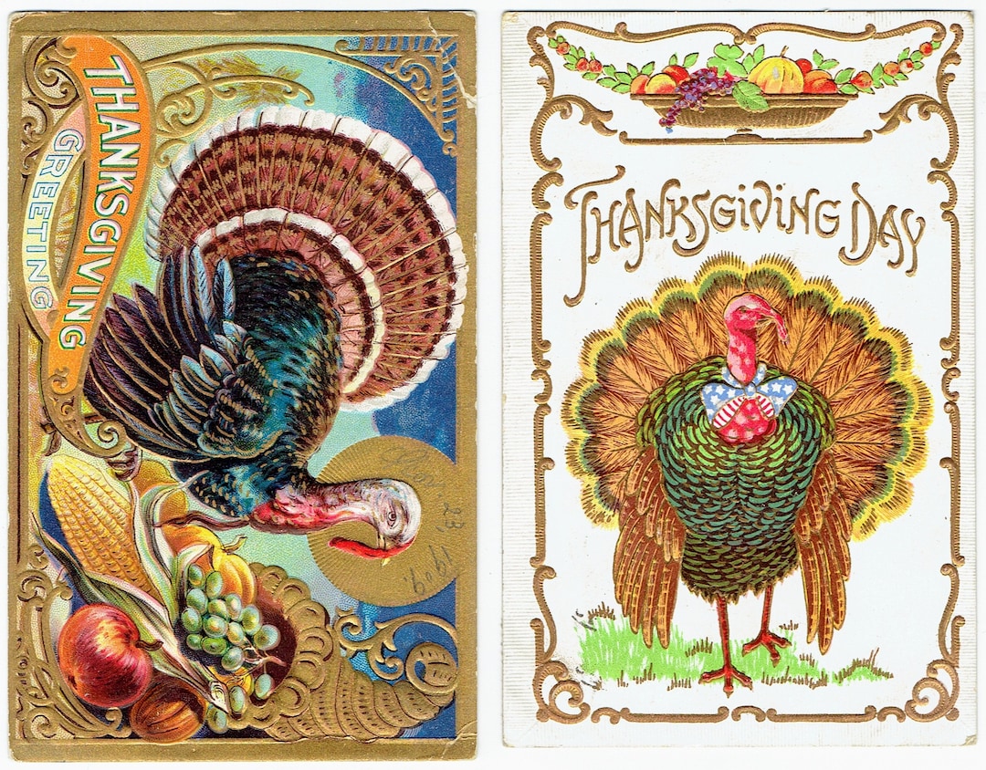 Two Antique Thanksgiving Postcards With Turkeys and Cornucopia Embossed ...