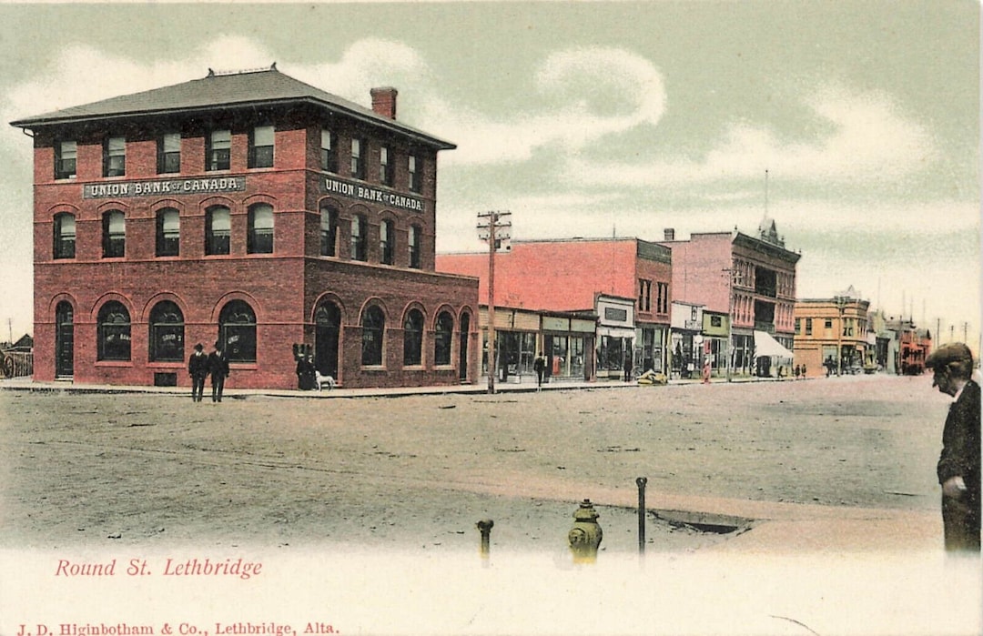 Lethbridge Alberta Postcard 1900s Union Bank and Storefronts on Round ...