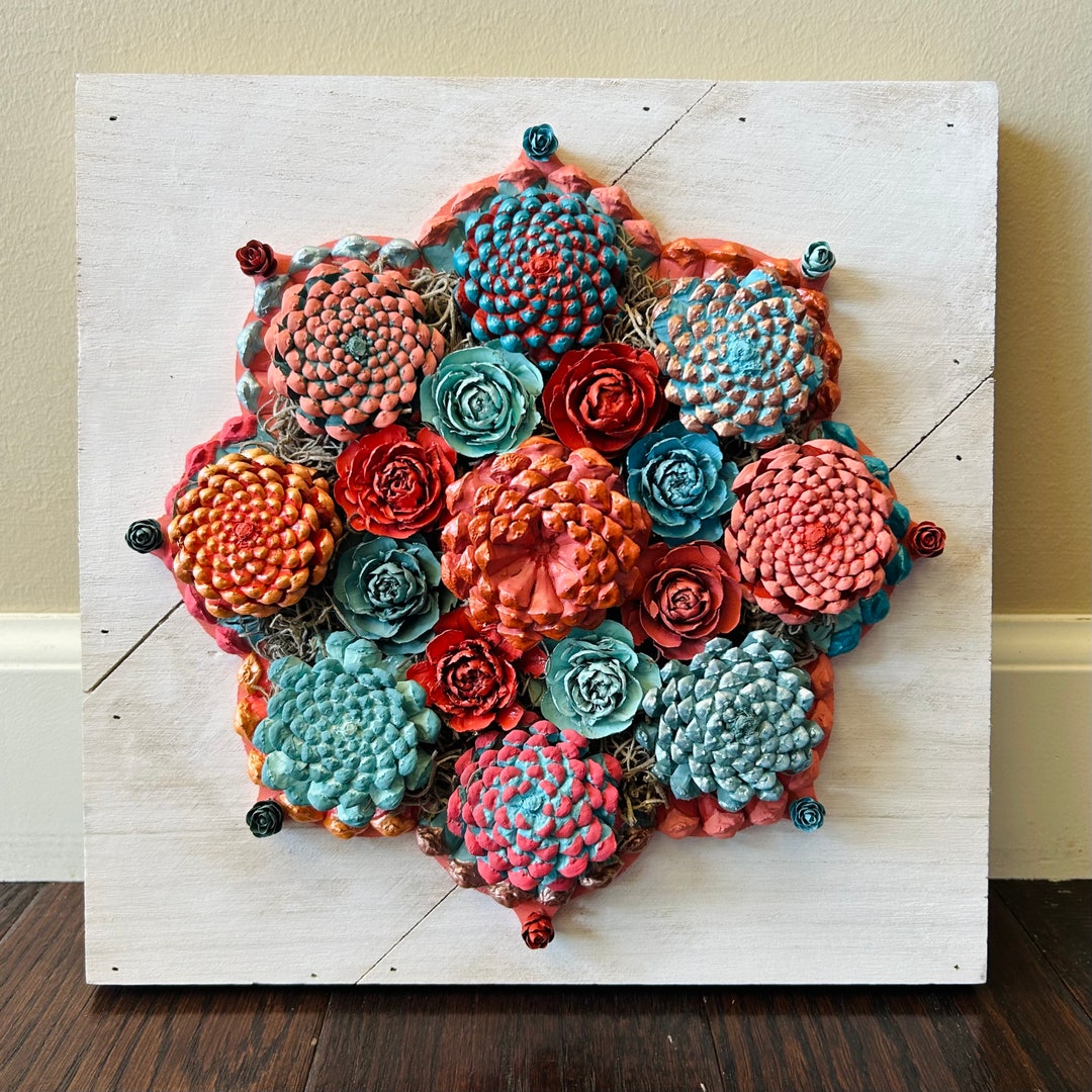Hand Painted Pine Cone Succulent Mandala Flower Wall Art - Etsy