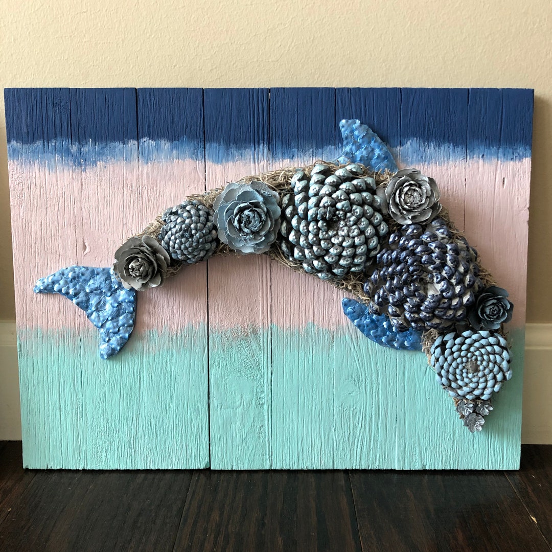 Hand-painted Pine Cone Dolphin Wall Art: Custom Wood Garden Decor - Etsy