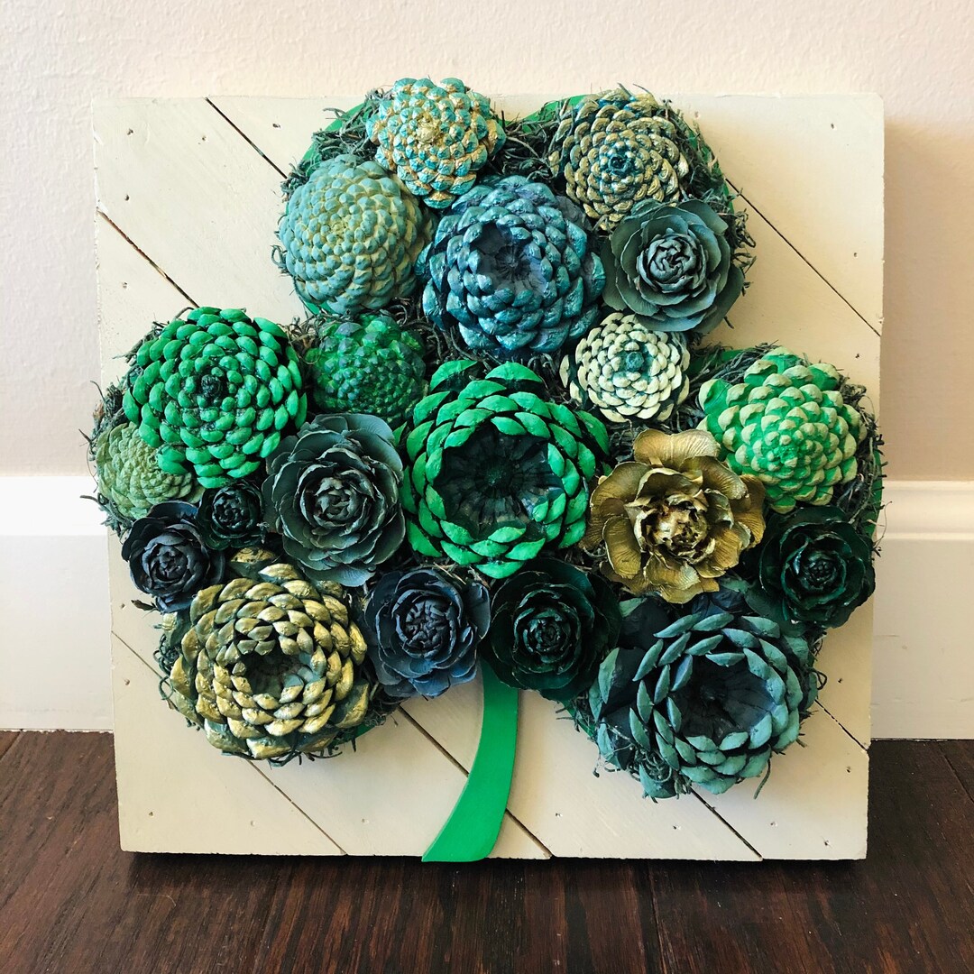 Handmade Pine Cone Succulent Shamrock Wall Art: Wood Clover Sign - Etsy
