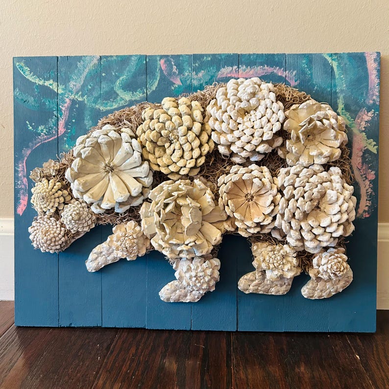 Pine Cone Bear, Hand Painted Pine Cone Succulents and Flowers, Wood Plank Board Wall Art Gift ...