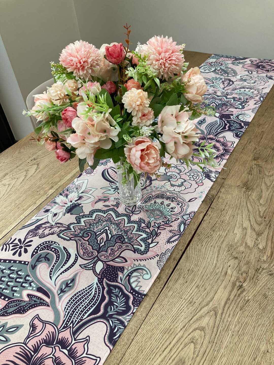 Handmade Table Runner, Pink Oriental Flowers Table Runner, Cotton ...