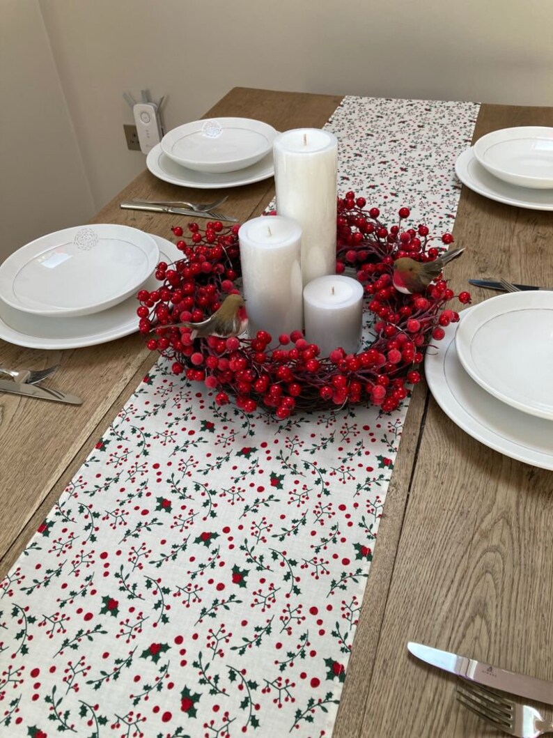 Christmas Table Runner Cream With Holly and Berries Unique - Etsy UK