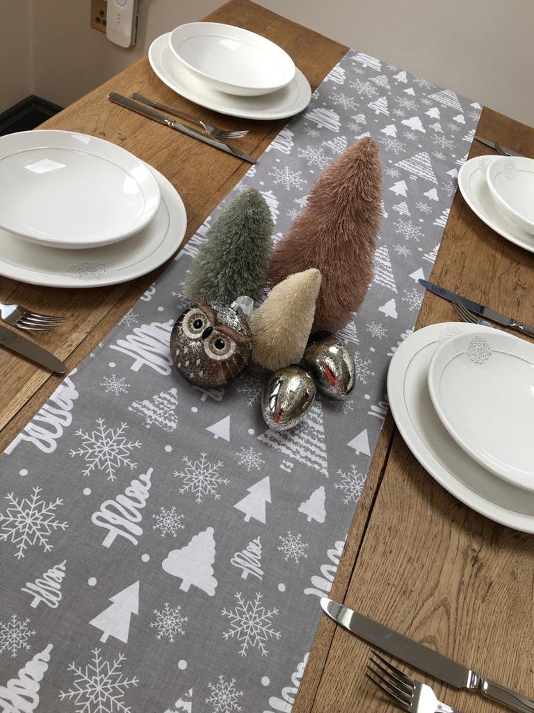 Christmas Table Runner Grey With Trees and Snowflakes Unique Gift Idea Christmas Decor Holiday Decor Etsy UK