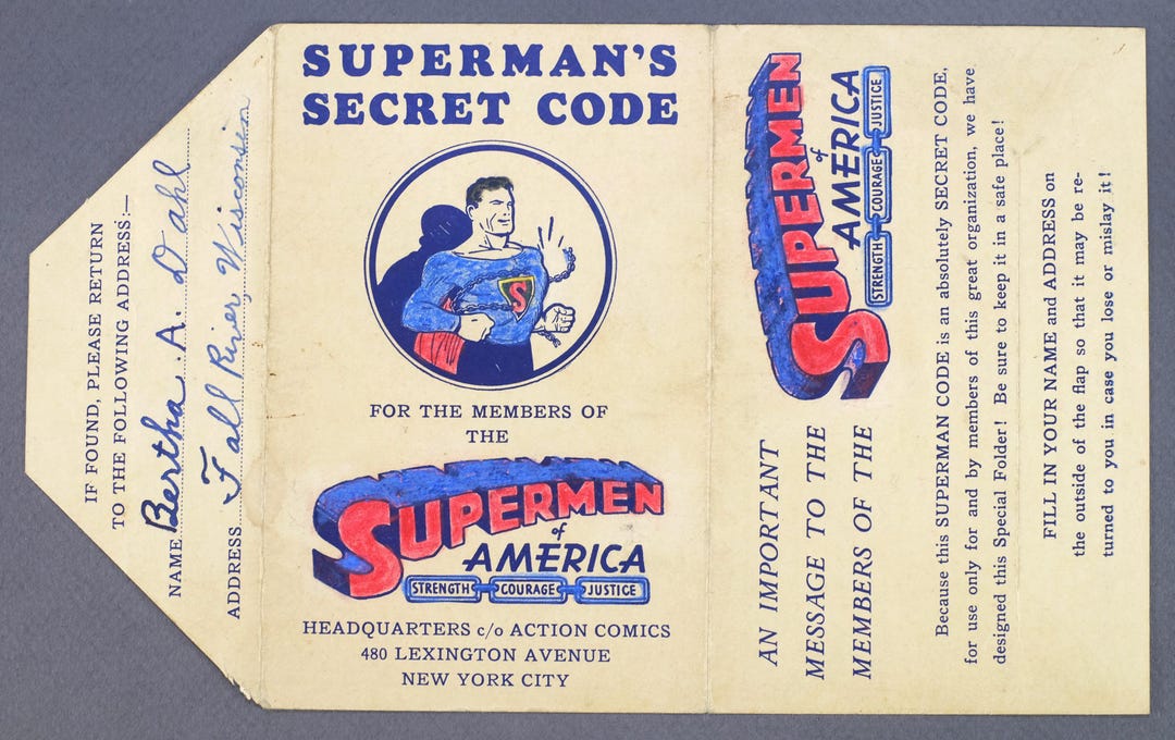 Superman's Secret Code Toy Paper Decoder Envelope 1943 Vintage Action ...