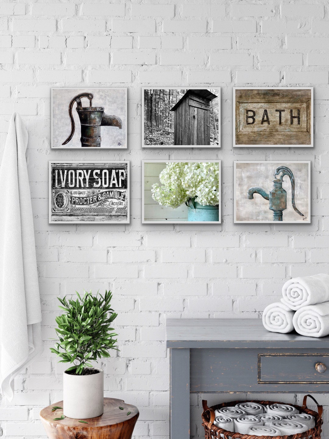 Set of 6 Rustic Farmhouse Bathroom Decor Prints ,pumps, Hydrangea and ...
