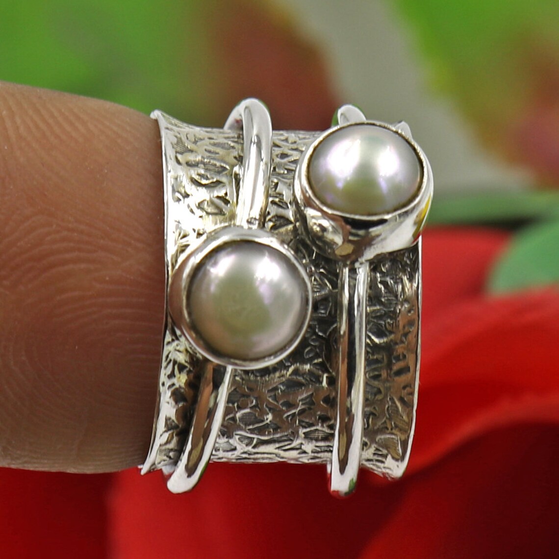 Unique Style Double Pearl Gemstone Spin Ring Anxiety Ring - Etsy