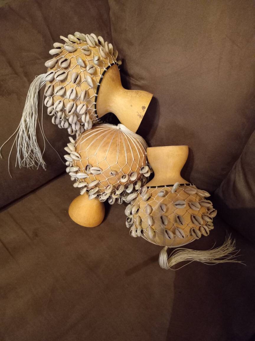 African Cowery Shell Natural Shekere West Hand Held Shaker Gourd Rattle ...
