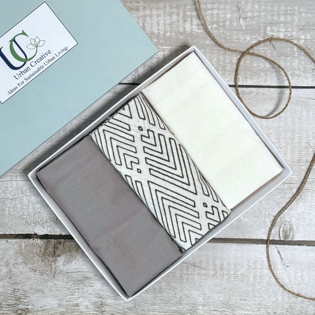 3 Organic Cotton Hankies, Handkerchiefs in Grey & White Print/solid ...