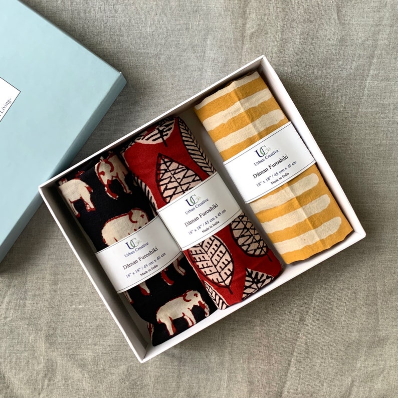 Furoshiki Gift Set in 100% Cotton Hand Block Printed With - Etsy