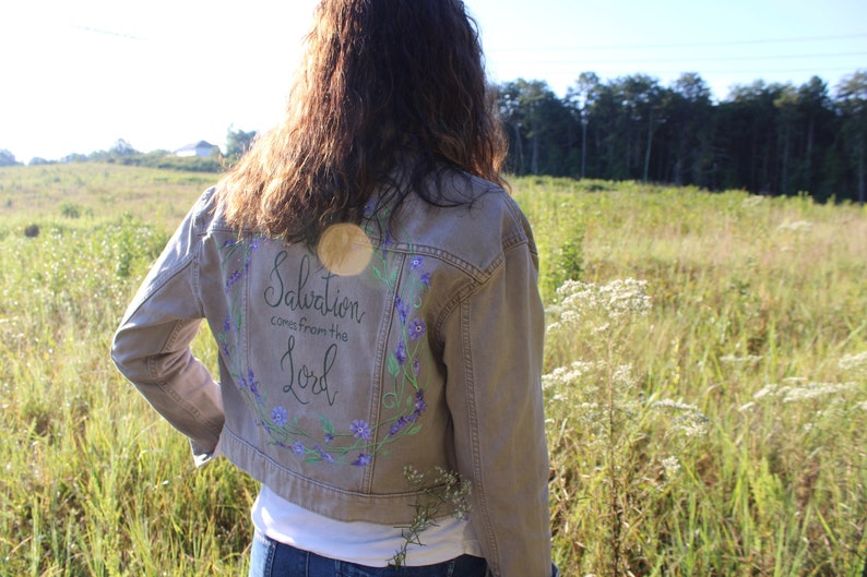 Hand Painted Beije Upcycled Jean Jacket ~ Purple Wildflower Wreath ...