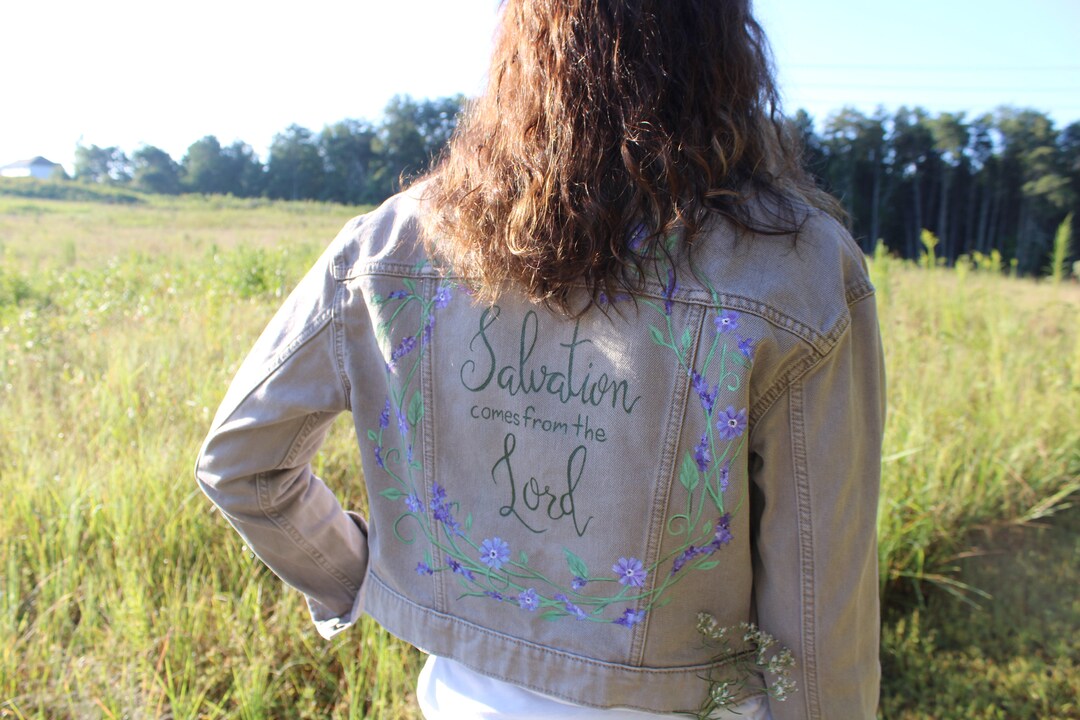 Hand Painted Beije Upcycled Jean Jacket ~ Purple Wildflower Wreath ...