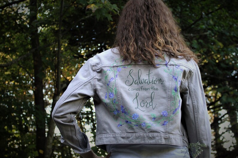 Hand Painted Beije Upcycled Jean Jacket ~ Purple Wildflower Wreath ...