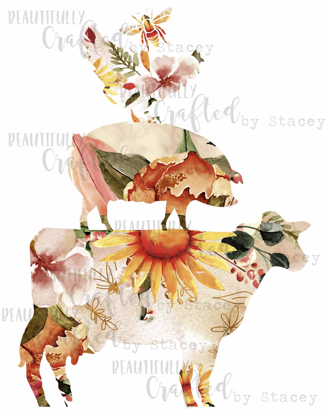 Farm Animal Floral Stack, Cow, Pig, Chicken, Bee, Floral, Sunflower ...