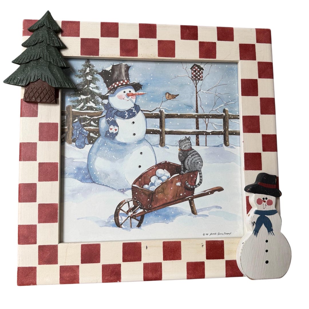 Sandi Gore Evans Vintage Folk Art Christmas Snowman Picture Wooden Hand ...