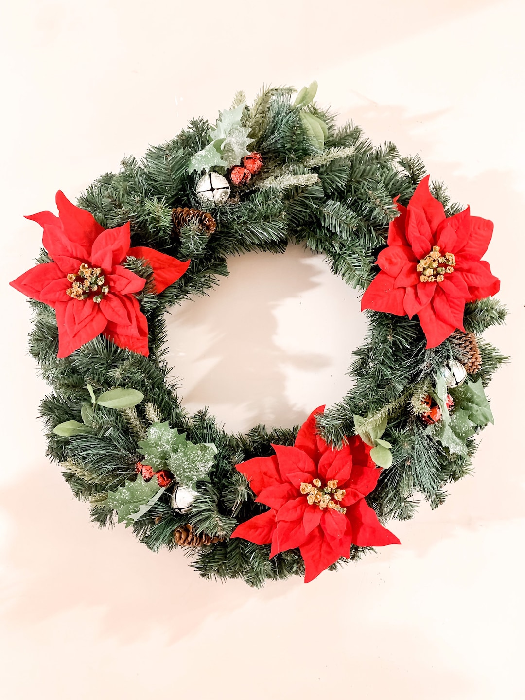 Poinsettia Wreath, Red Poinsettia Wreath, Poinsettia Christmas Wreath ...