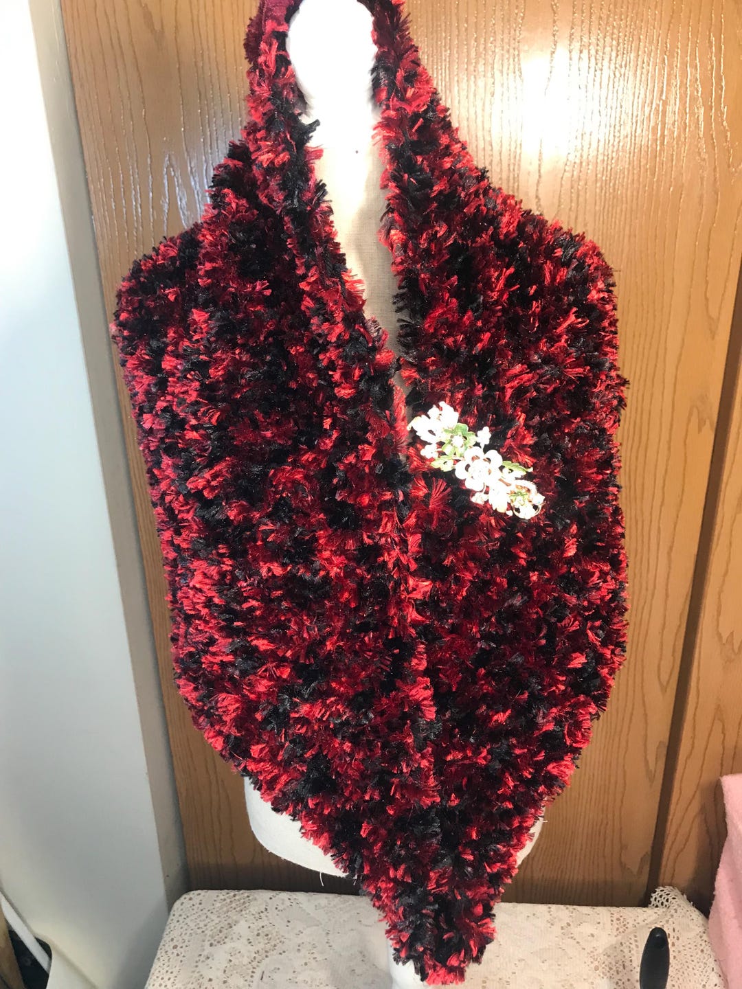 Womens Black and Red Furry Infinity Scarf - Etsy