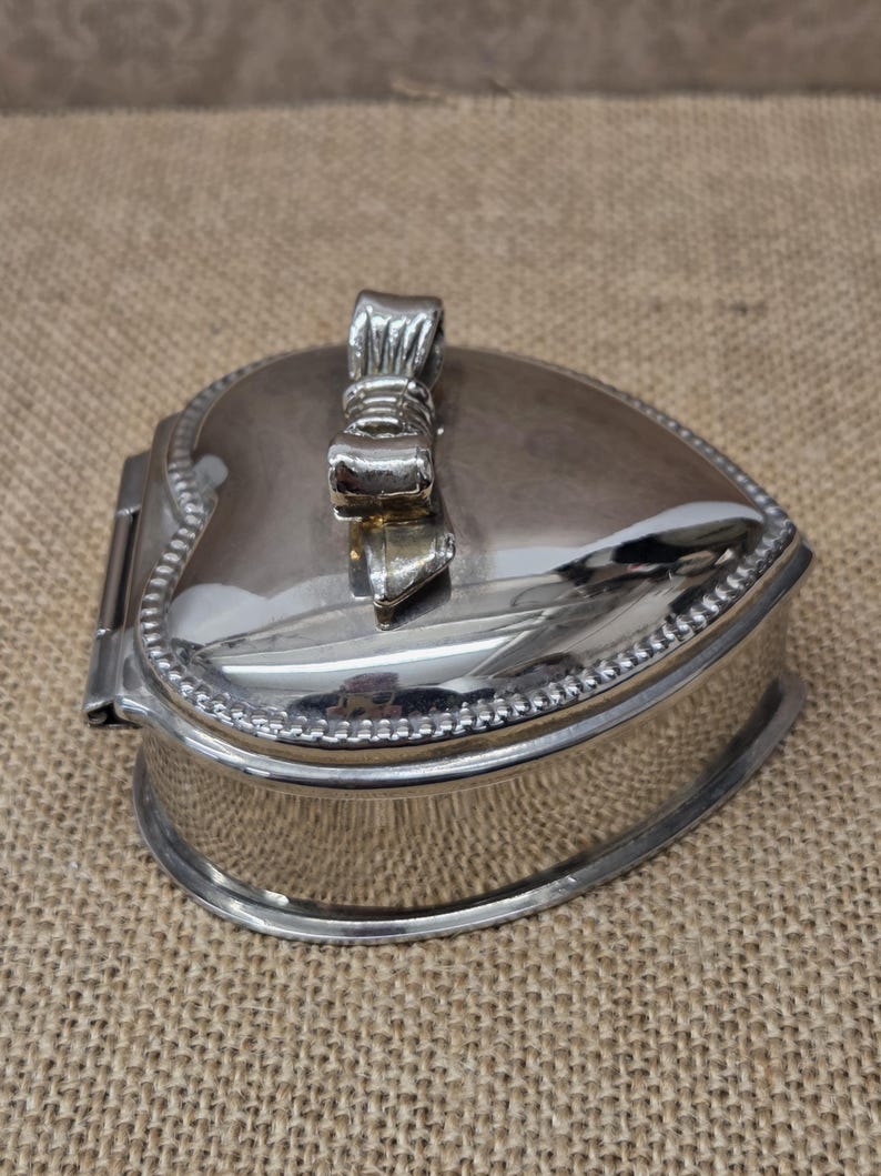 Vintage Heart Silver Plate Trinket Jewelry Box With Bow and Red Velvet ...