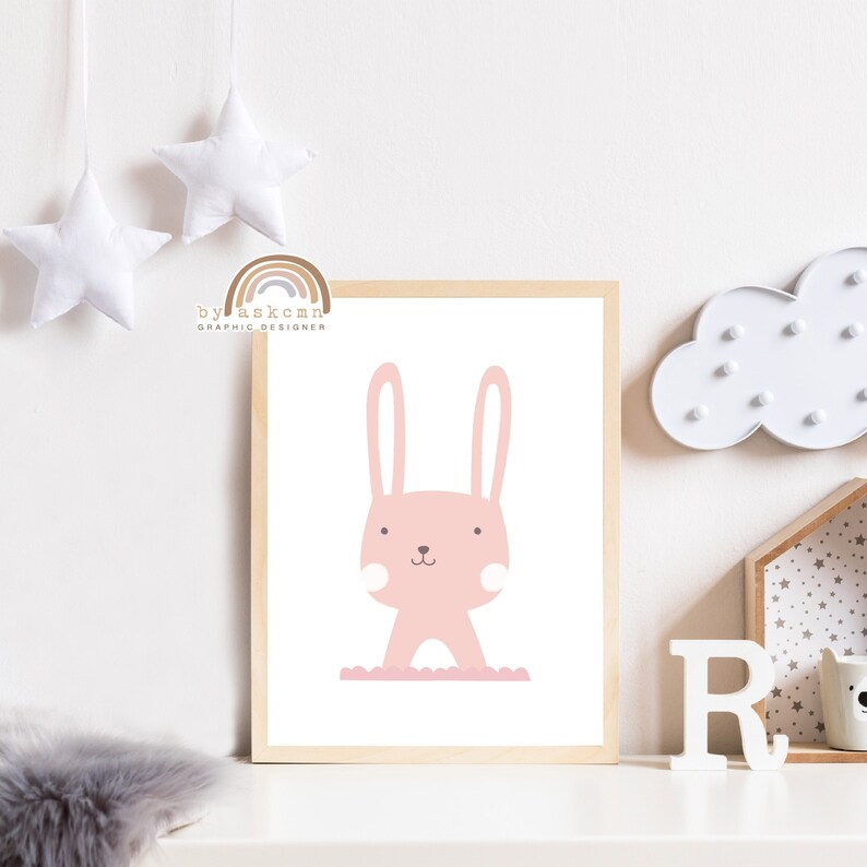 Rabbit Nursery Wall Art, Baby Room Poster, Pink Cute Rabbit, Rainbow ...