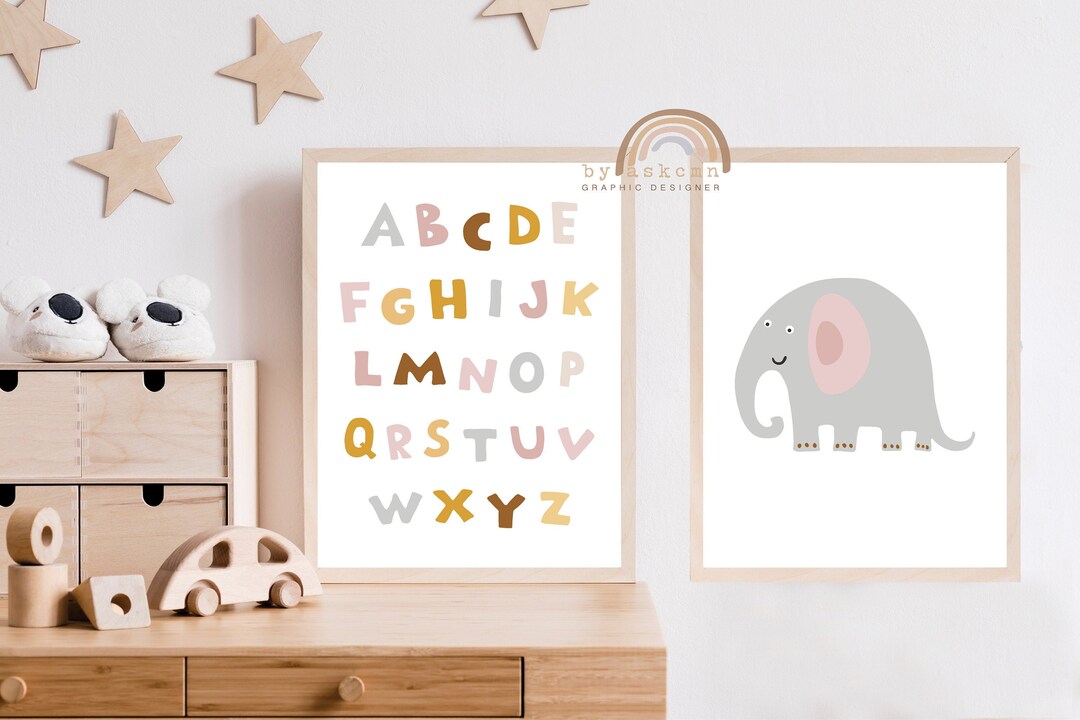 Set of 2 Poster, Elephant Poster, Alphabet Poster, Baby Room Poster ...
