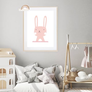Rabbit Nursery Wall Art, Baby Room Poster, Pink Cute Rabbit, Rainbow ...