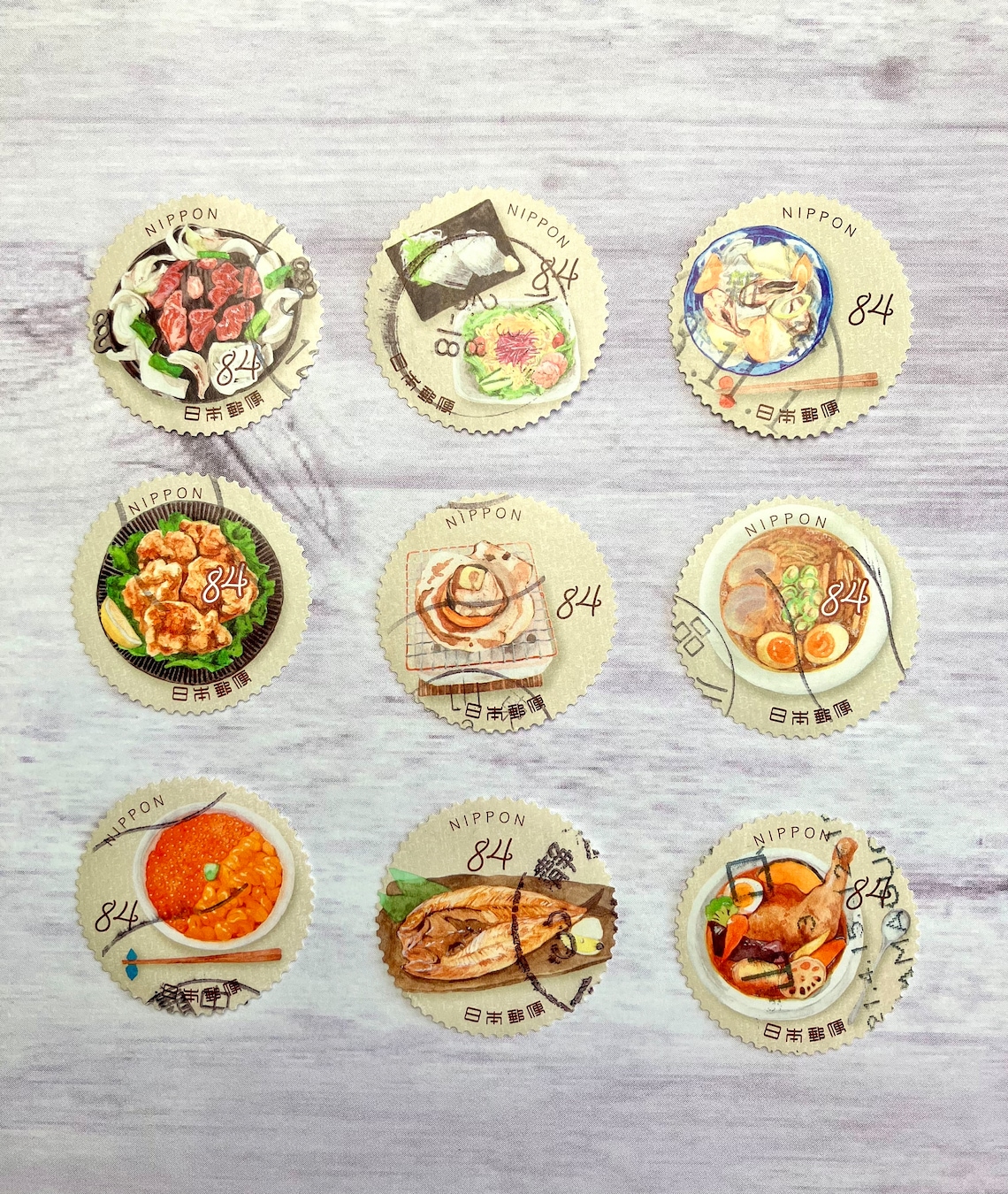 Round Japan Postage Stamp Set food, Fukuoka Stamp Collecting, Collage ...