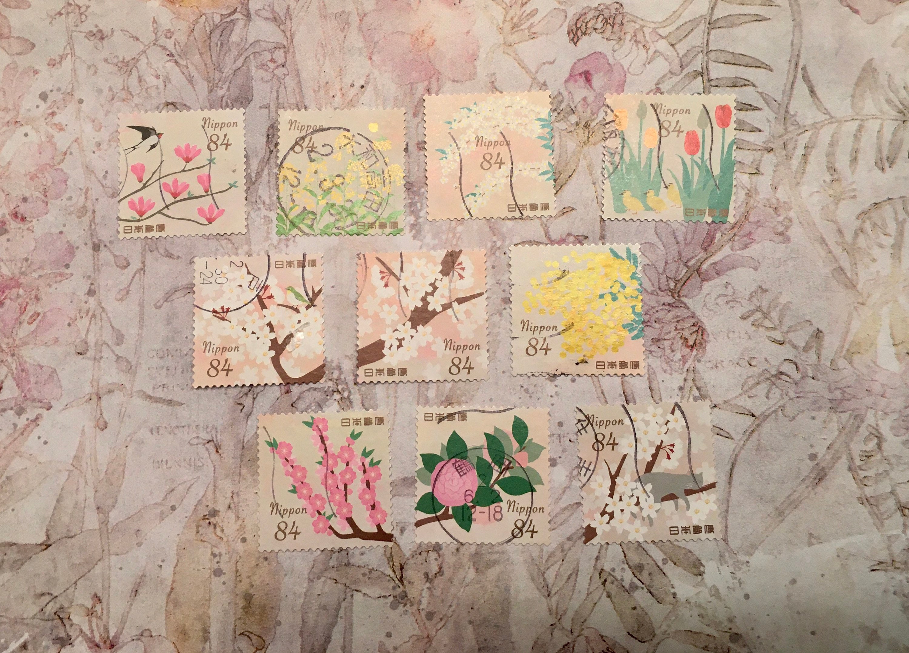 10 Flower Themed Square Japan Postage Stamps -full Postage Stamp Set ...