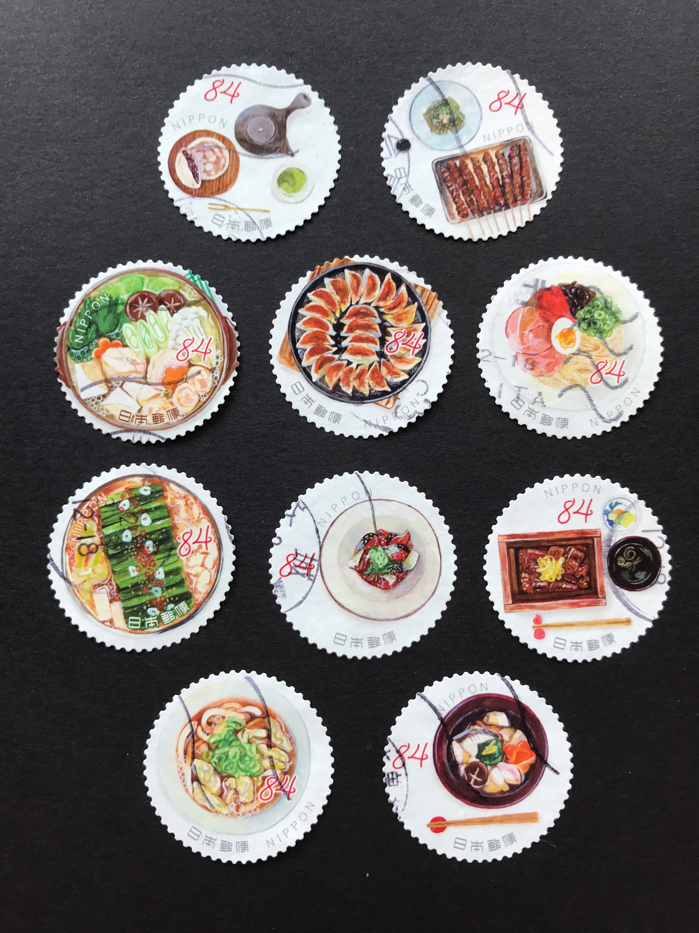 Round Japan Postage Stamp Set -food, Fukuoka Stamp Collecting, Collage ...