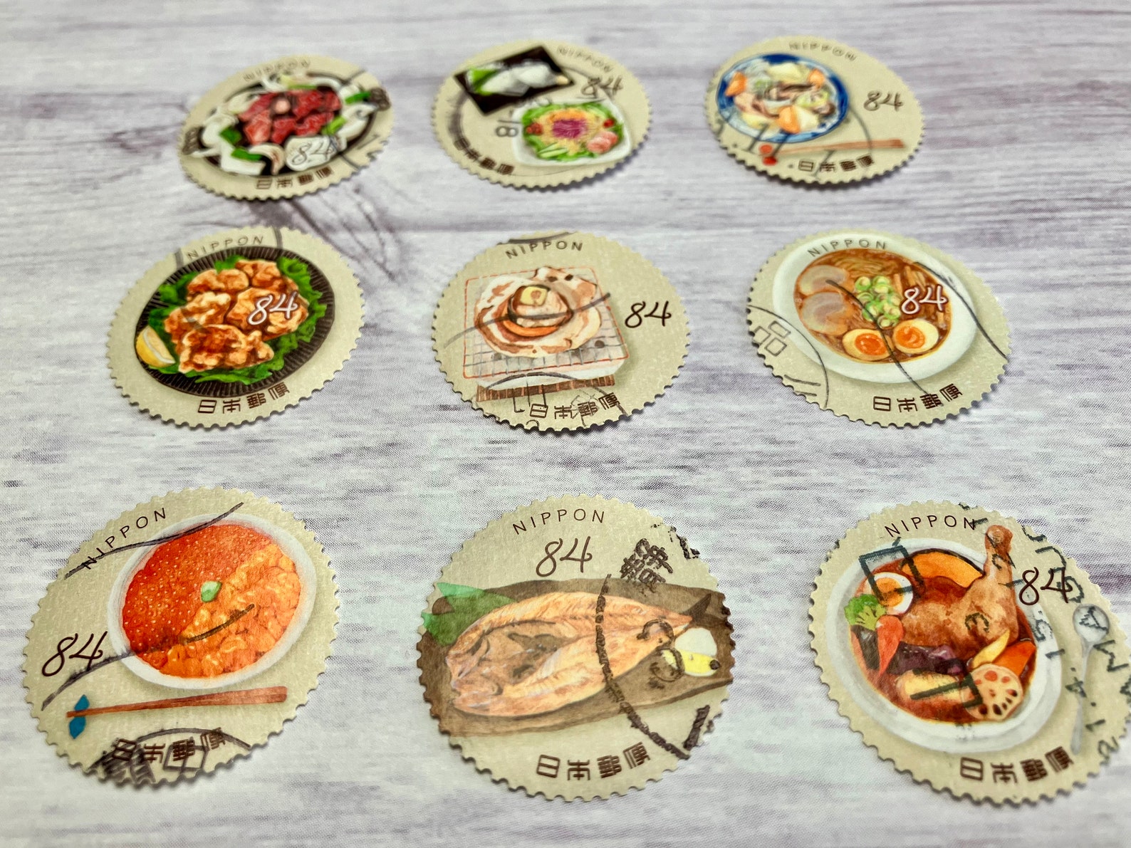 Round Japan Postage Stamp Set food, Fukuoka Stamp Collecting, Collage ...