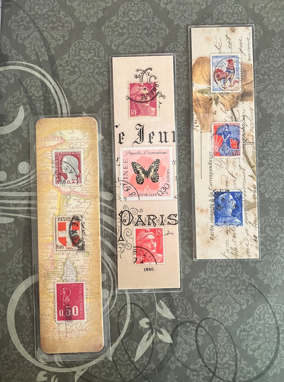 Three 3 Handmade France Vintage Postage Stamp Bookmarks Philately Stamp ...