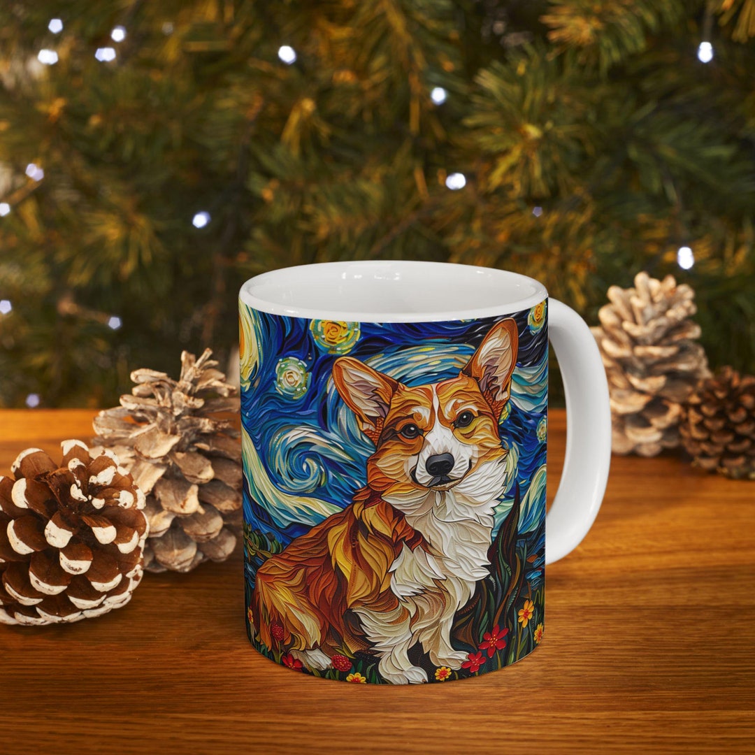 Corgi Dog in Starry Night - Floral Field Coffee Mug, Coffee Lover Gift ...