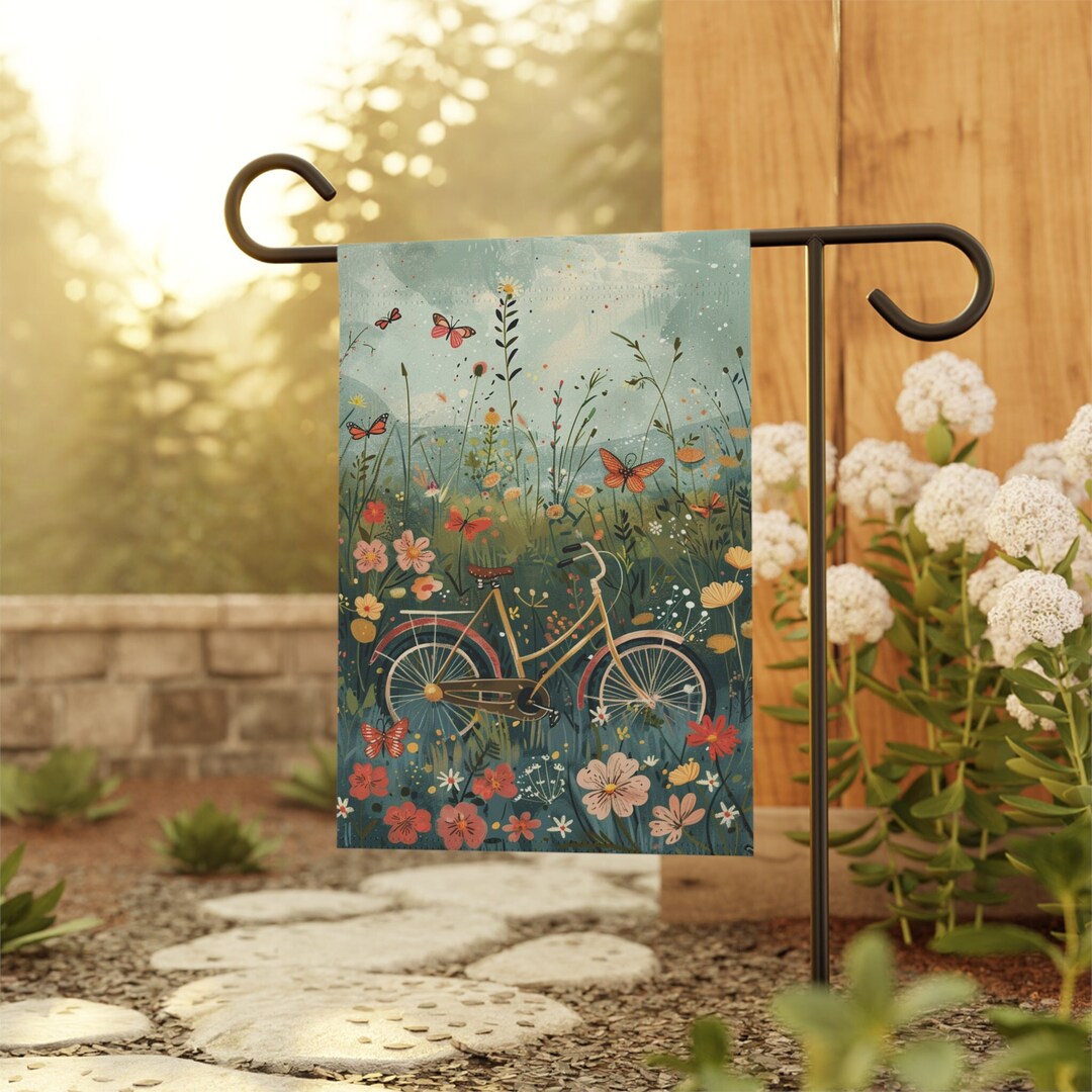 Spring Garden Flag Featuring Vibrant Flowers and Rustic Bicycle Design ...