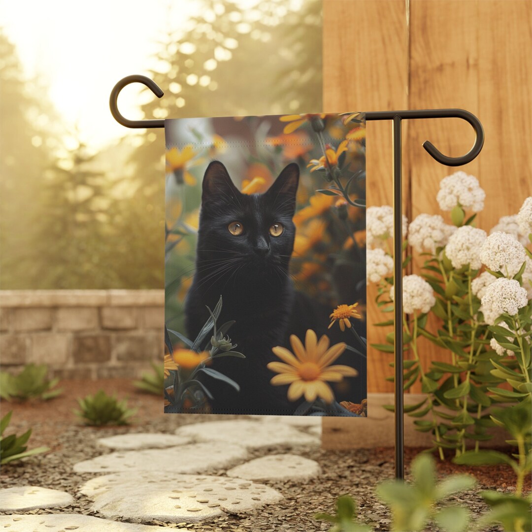 Black Cat in Summer Garden Flag - Festive Outdoor Decor, Yard Art, Lawn ...