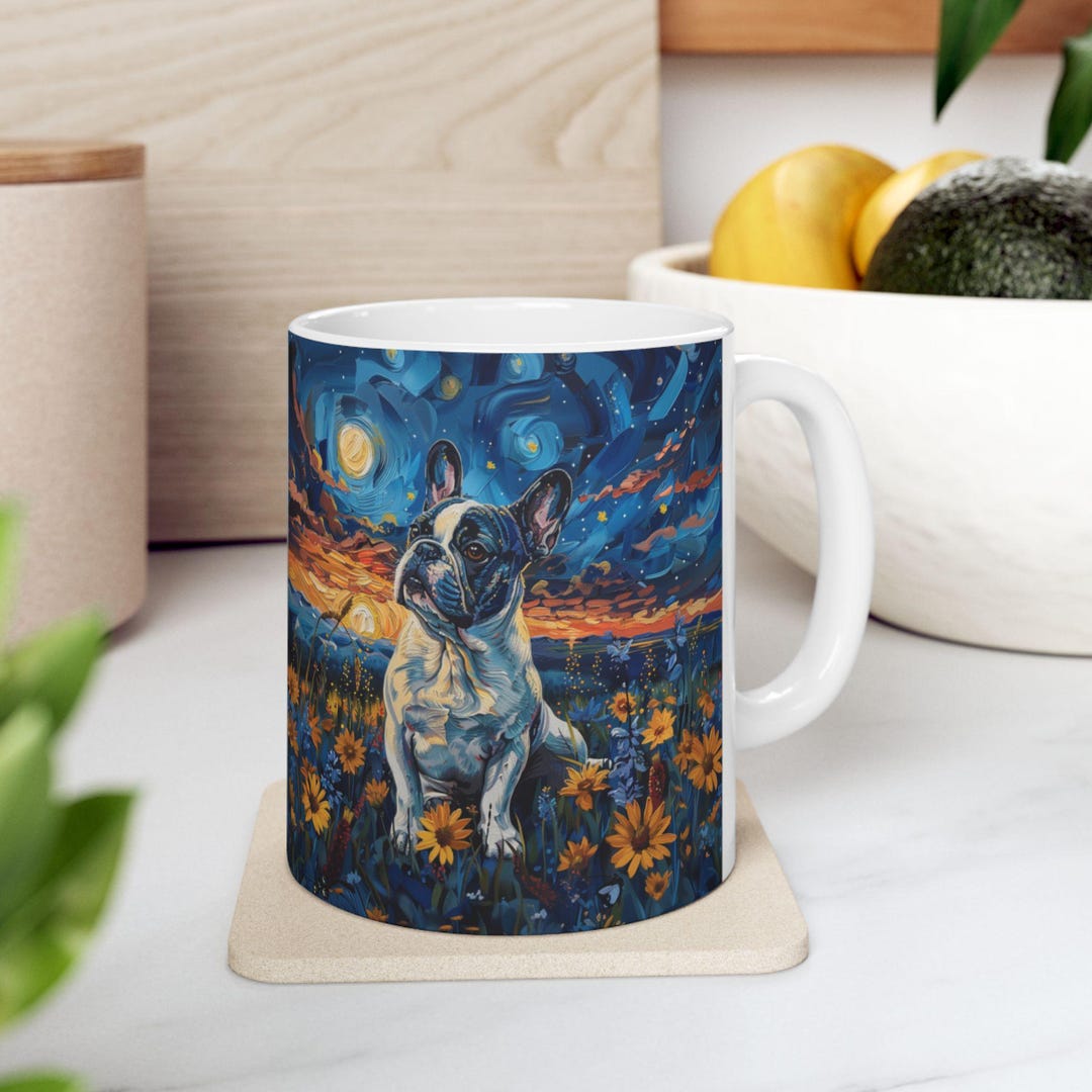 Black and White Frenchie in Summer Flowers Mug, Coffee Lover Gift ...