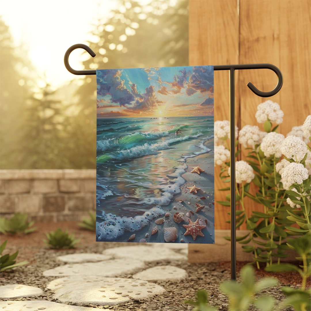 Seaside Serenity Outdoor Flag With Seashells, Birds, and Beaches Design ...