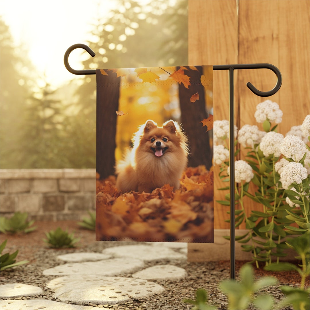 Pomeranian in Fall Leaves Garden Flag - Adorable Pomeranian in a ...
