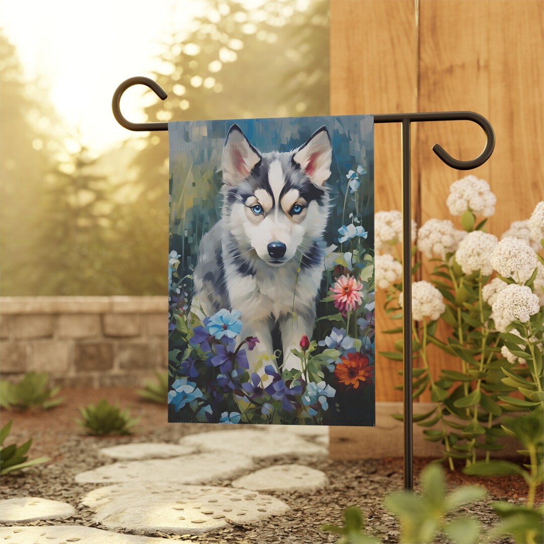 Siberian Husky Dog Flag With Summer Flowers, Outdoor Decor, Dog Flag ...