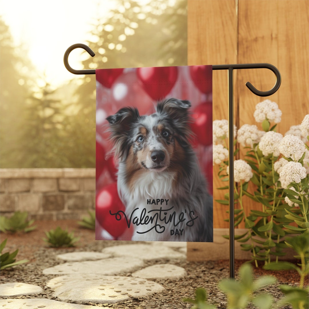 Adorable Blue Merle Shetland Sheepdog Garden Flag for Valentine's Day ...
