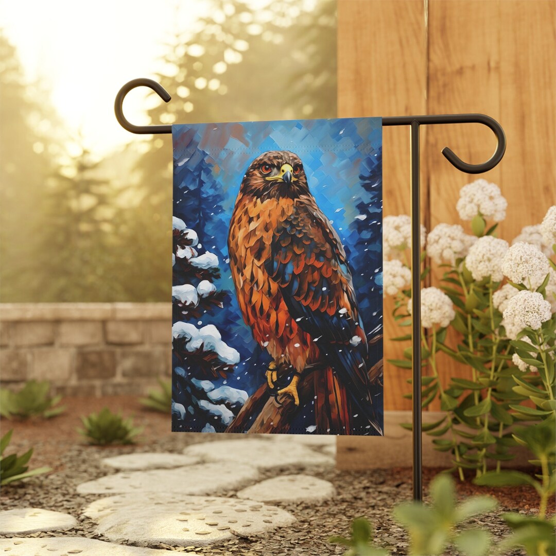 Snowy Winter Scene Hawk Flag - Decorative Outdoor Banner, Small Garden ...