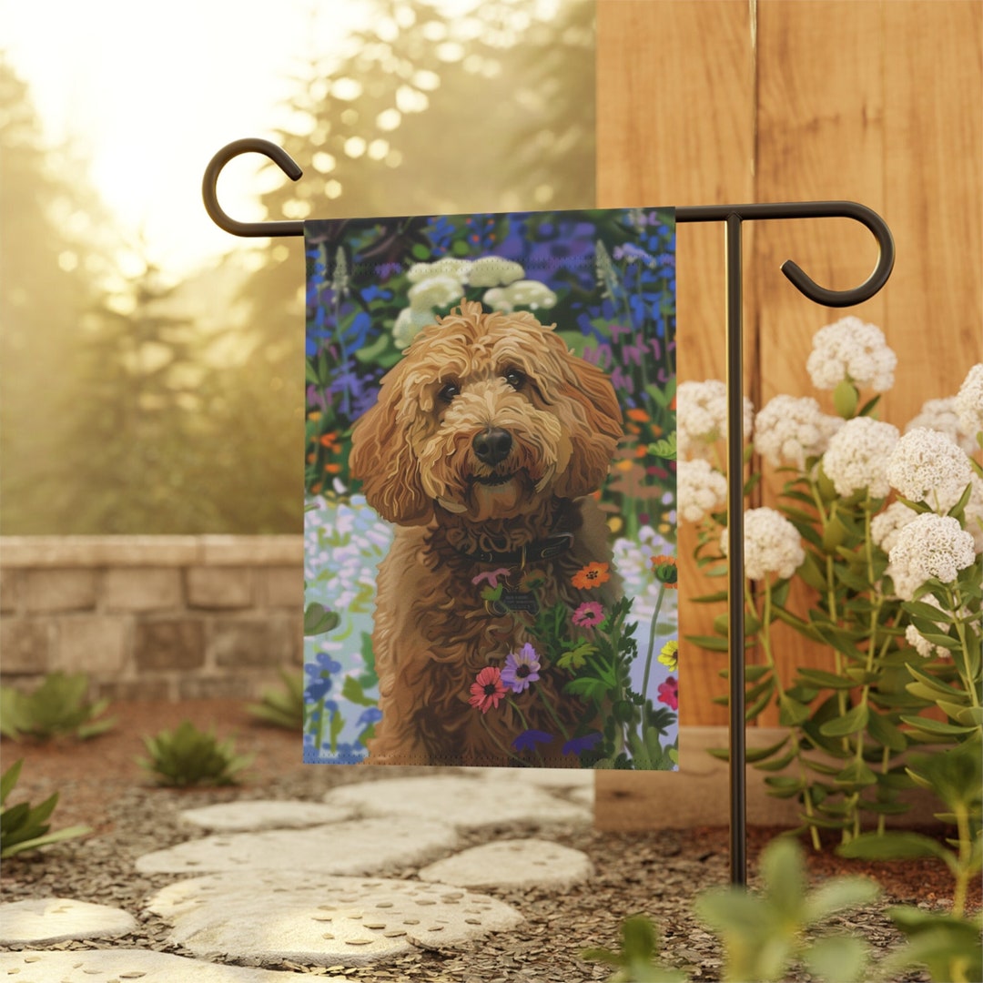 Adorable Goldendoodle in Spring Flowers Garden Flag - Outdoor Decor ...