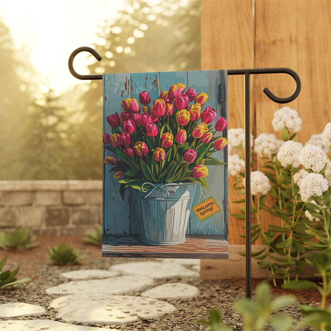 Springtime Charm: Colorful Tulips in a Metal Bucket, Welcome Flag ...