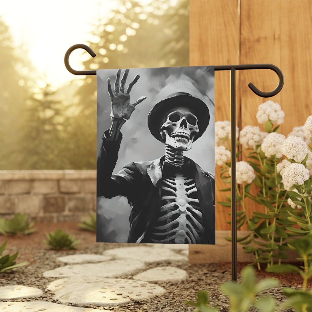 Skeleton Waving Hi Garden Flag - Black and White Halloween Decor ...