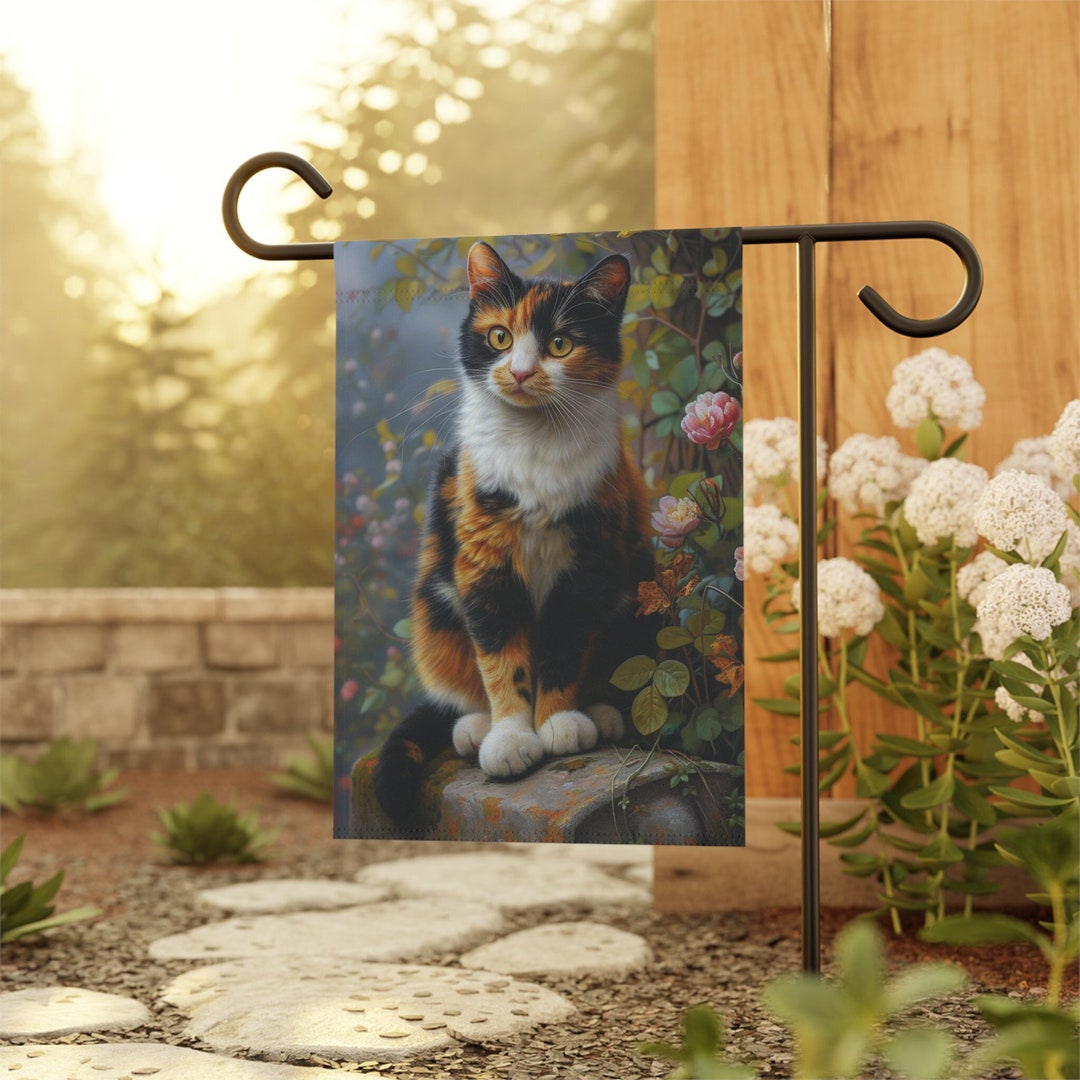 Whimsical Calico Cat in Flowers Yard Flag - Double-sided Print, Garden ...