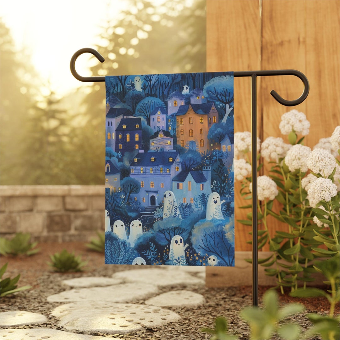 Spooky Ghosts in the Neighborhood Night Garden Flag - Halloween Decor ...