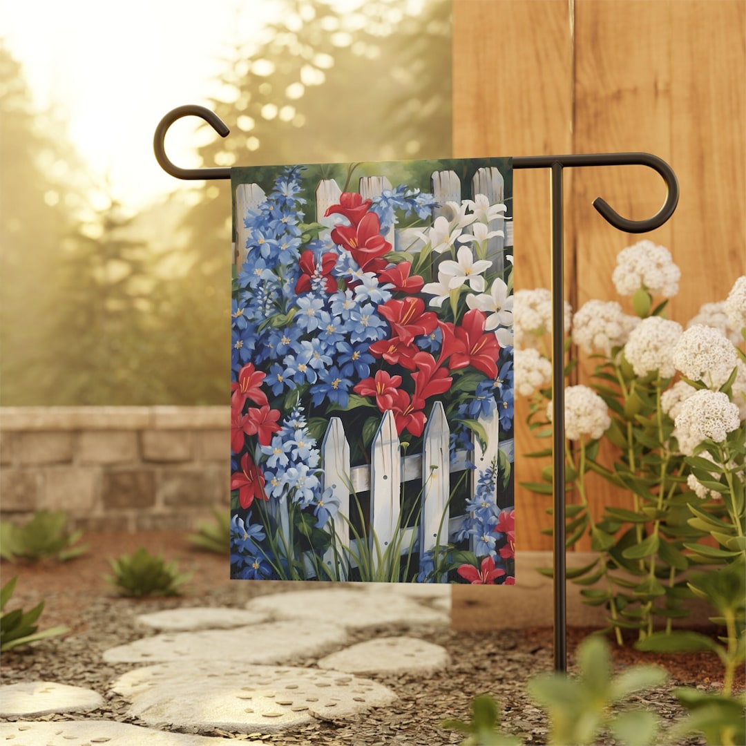 Patriotic Beauty: Red, White and Blue Flowers Garden Flag. Patriotic ...