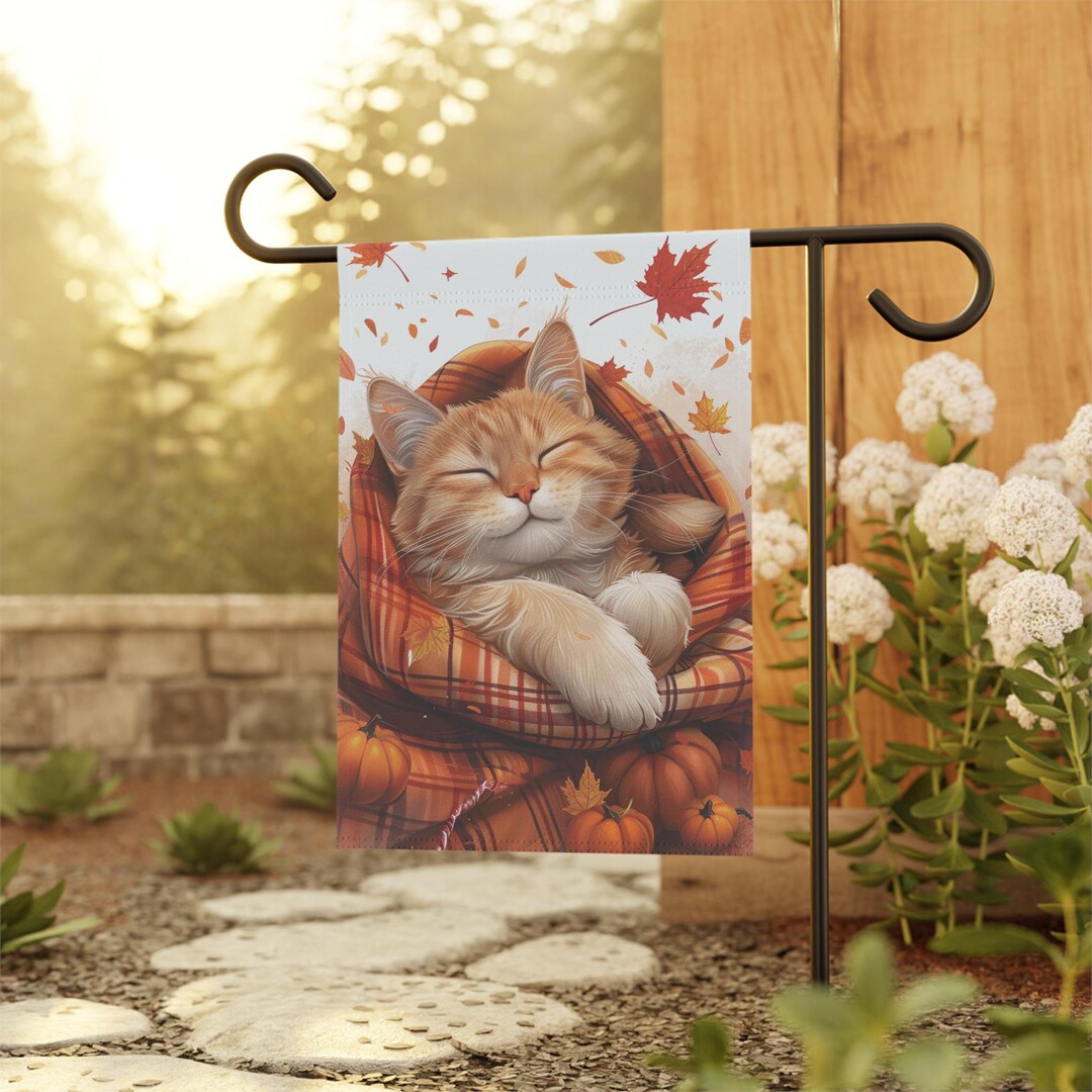 Cute Cat Napping in Autumn Scene, Outdoor Flag, Autumn Decor, Small ...